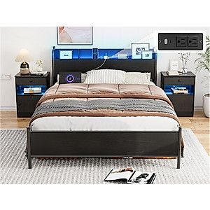 IKIFLY Queen Bed Frame with Storage Shelf Headboard & Charging Station - Metal LED Platform Bed with Strong Steel Slats, No Box Spring Needed, Noise Free, Industrial Vintage Design - Black