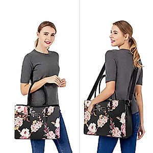 MOSISO Laptop Tote Bag Compatible with MacBook Air 15 M2 A2941 2023/Pro 16 A2780 A2485 A2141 & 15-15.6 inch Notebook, Peony Waterproof PU Leather Travel Work Briefcase with Adjustable PU Handle, Black