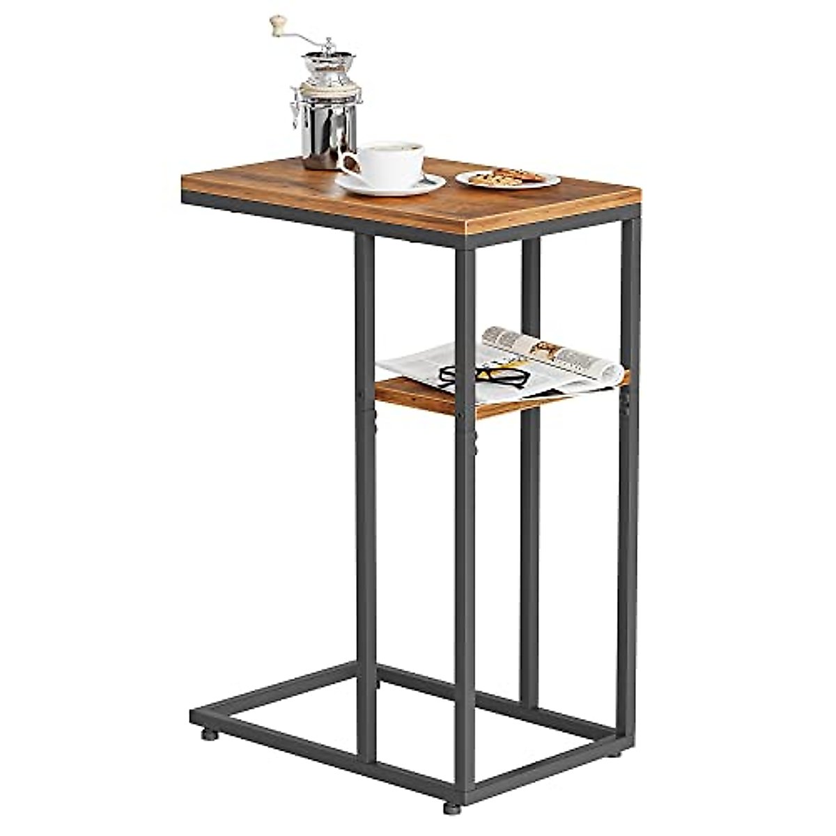 CubiCubi C Shaped End Table, Side Table for Couch and Bed, Rustic Table Living Room Bedroom, Small Table with Metal Frames, Modern Design, Fir Brown