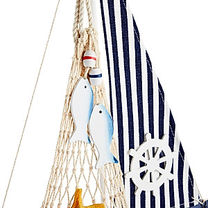 Juvale Sailboat Model Decoration - Wooden Sailing Boat Home Decor Set, Beach Nautical Design, Navy Blue and White with Ship's Wheel, 13 x 15 x 3 Inches