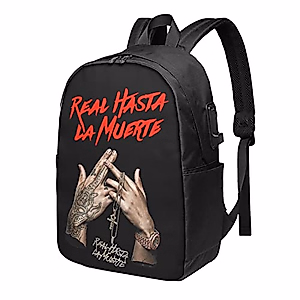 HQEKMS Real Hasta La Muerte Backpack,17Inch Lightweight Bookbag with USB Charging Port Travel Casual Backpack, Black, One Size