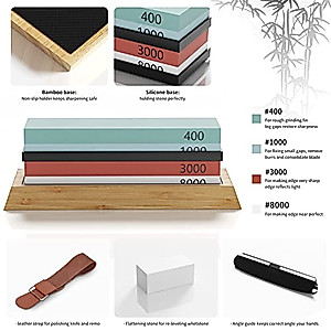 Whetstone Knife Sharpening Stone 4 Side Grit 400/1000 3000/8000 Waterstone, Whetstone Knife Sharpener, Sharpening Stone Whetstone Set with Bamboo Base, Flatting Stone, Angle Guide & Leather Strop