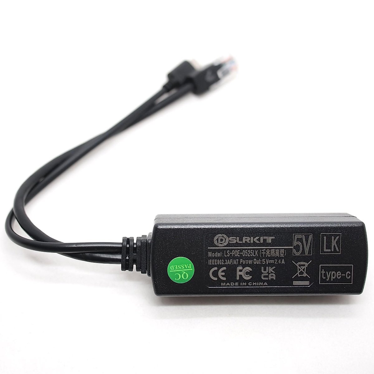 DSLRKIT Gigabit USB Type C Active PoE Splitter 48V to 5V IEEE802.3af Power Over Ethernet for Raspberry Pi 4 4B