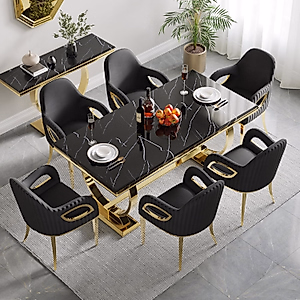 ACEDÉCOR Modern Dining Room Table with Gold Stainless Steel Metal U-Base in Black Gold