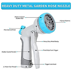 Garden-Hose-Nozzle,NARUNDREN Heavy-Duty Metal Water Hose Nozzle with 8 Adjustable Spray Patterns, HIGH-Pressure Hose Nozzle for Watering Garden Washing Cars and Showering Pets