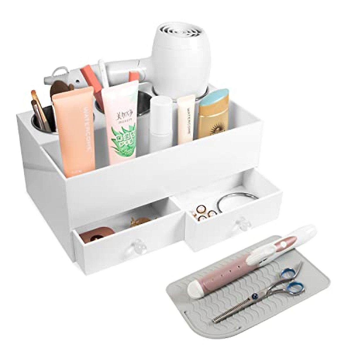 Keep-IT-Sleek Hair Tool Organizer with 2 Drawers & a Silicone Mat, White Acrylic Blow Dryer Holder for Bathroom, Countertop, & Vanity with 3 Heatproof Steel Cups