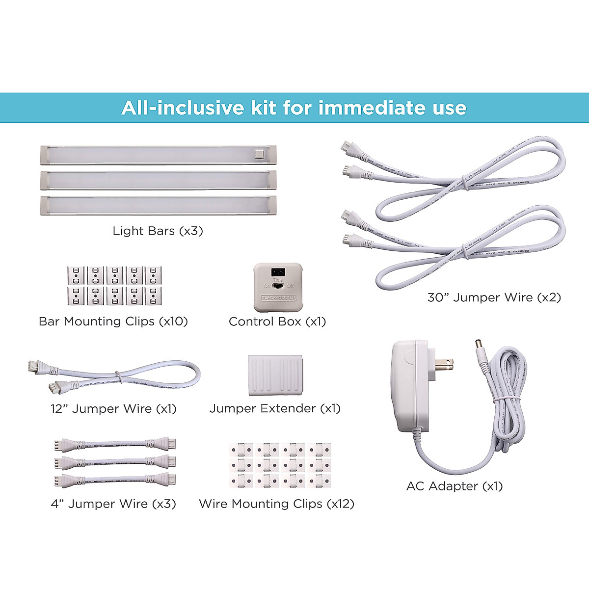 BLACK+DECKER LEDUC9-3CK LED Under Cabinet Kit with Motion Sensor, Dimmable Kitchen Accent Lights, Tool-Free Install, Cool White 4000k, 9" Length, 9"