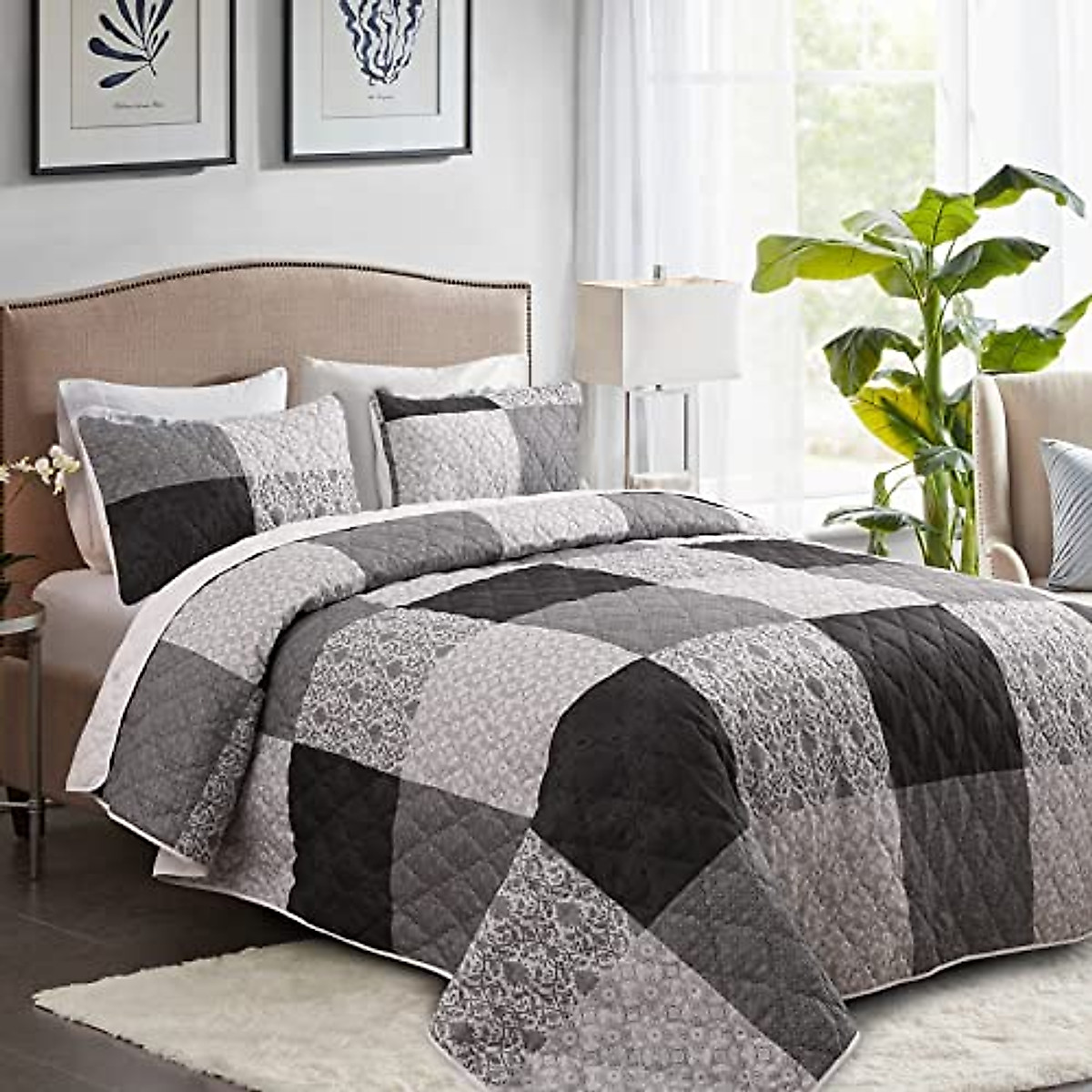BALAPET Oversized King 128x120 Bedspread for California King Bed, Patchwork Plaid Grey Black Coverlet Set with 2 Matching Shams, Soft Lightweight Quilted Bedding Set for All Season