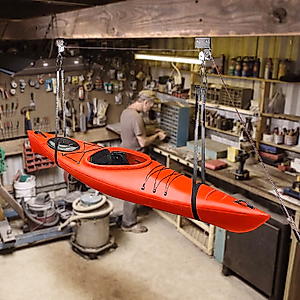 GREAT WORKING TOOLS Kayak Hoist - Kayak Storage Pulley System for Garage, 125 Pound Capacity Ceiling Mount Hoists for Kayak, Bicycle, Paddleboard, Canoe - Heavy Duty Kayak Accessories