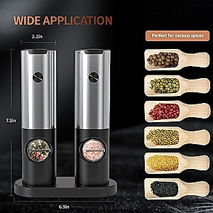 Electric Pepper and Salt Grinder Set With Rechargeable Base, Stainless Steel, Large Capacity, One-Hand Operated, Adjustable Coarseness, Automatic Pepper Mill, Refillable Salt Shaker With LED Light