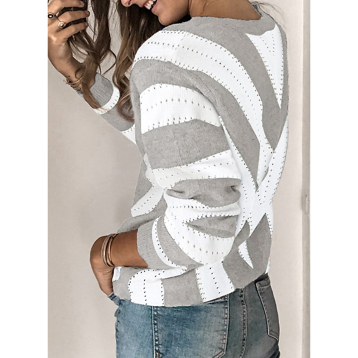 Elapsy Women‘s Casual Long Sleeve Oversized Knit Sweaters Striped Blockcolor V Neck Loose Lightweight Knited Sweater Pullover Sweater Gray L