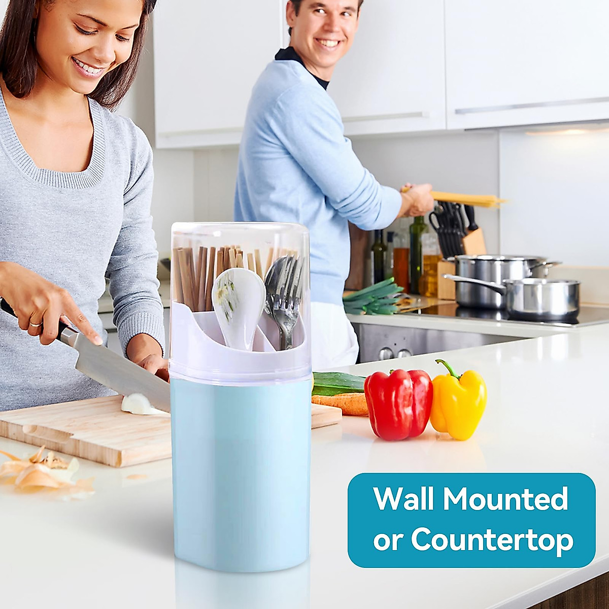 Kitchen Utensil Holder with Cover, 4 Compartment Wall-Mounted Countertop Plastic Silverware Holder Utensil Drying Rack for Cutlery, Chopstick, Spoons, Forks, Knives(Blue)