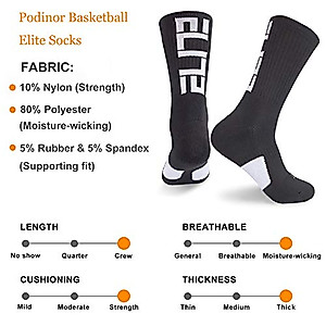 Podinor Elite Basketball Crew Socks for Men and Women, Cushion Performance Athletic Black Basketball Socks