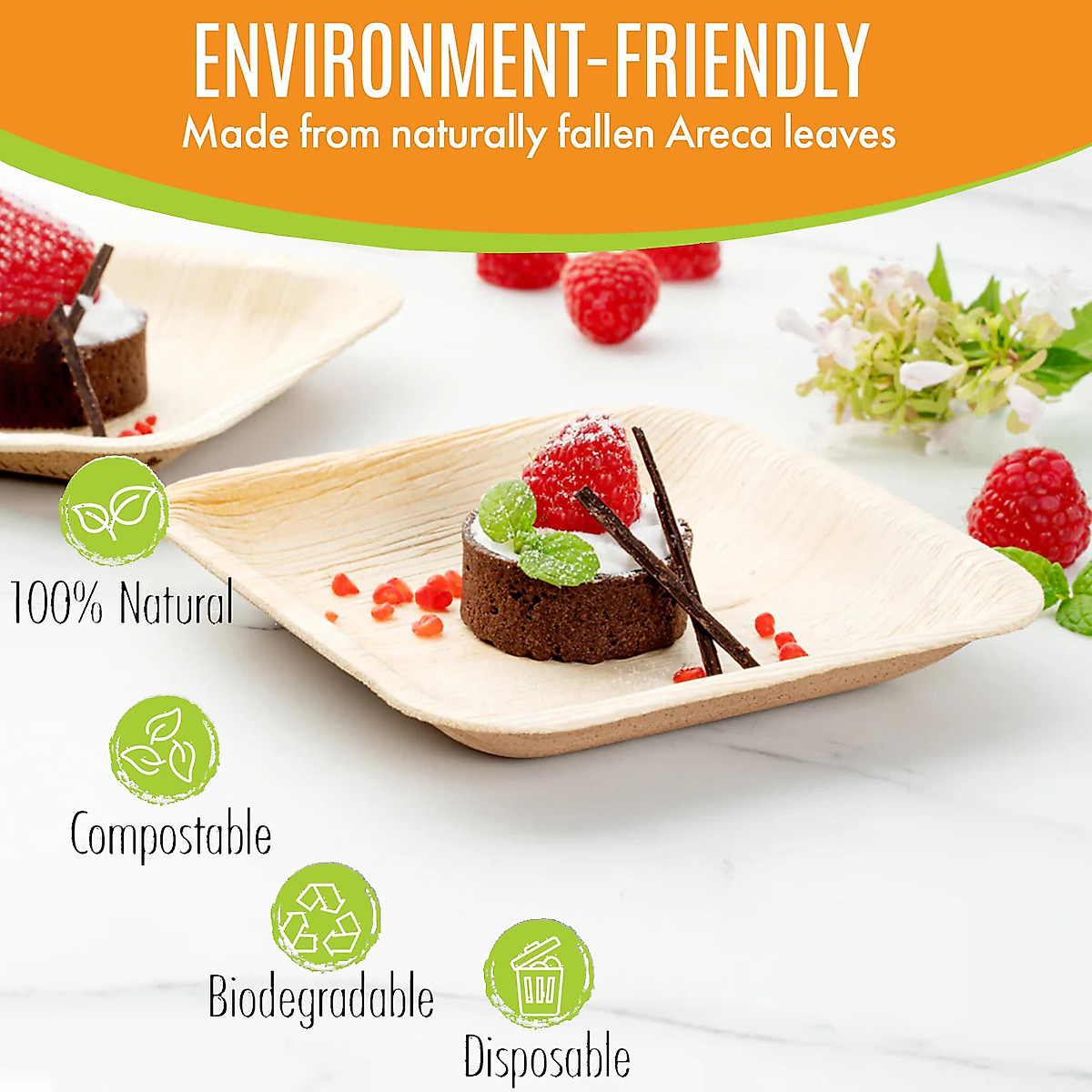 Raj Eco Compostable Palm Leaf Plates Like Bamboo Plates Disposable - 6 Inch Square 50 Party Plates, Natural Wooden, Eco-Friendly, Fancy Biodegradable & Disposable Dessert Appetizer Plates