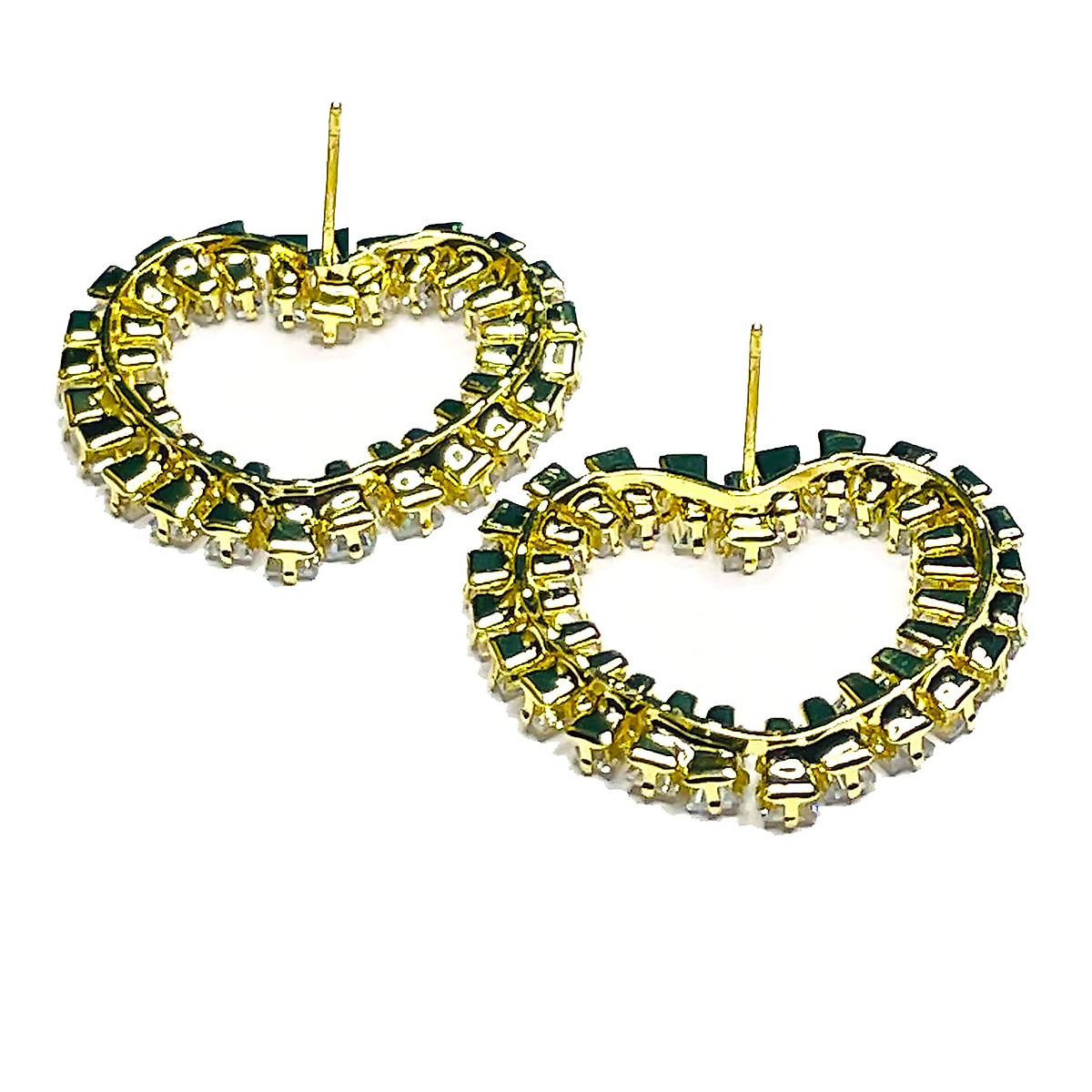 Woke Creations Statement Heart Stud Love Earrings for Women White Cubic Zirconia Baguette Gift Boxed Yellow Gold Setting Hypoallergenic