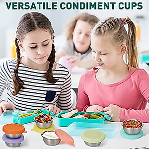 Mimorou 12 Pieces Salad Dressing Container To Go Stainless Steel Condiment Containers with Lid Reusable Sauce Silicone Leakproof Dipping Cups for Lunch Box Picnic Travel, Blue,Orange,Pink,Purple