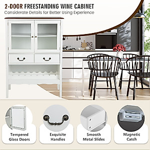 Giantex Wine Cabinet with Storage, Standing Buffet Sideboard with 2 Drawers, 2 Tempered Glass Doors, Open Wine Rack, Anti-toppling Assembly, Coffee Bar Station for Living Room, White & Vermilion