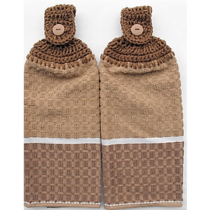 TAN/BROWN WAFFLE TERRY CLOTH TOWELS - 2 CROCHET TOP HANGING KITCHEN TOWELS