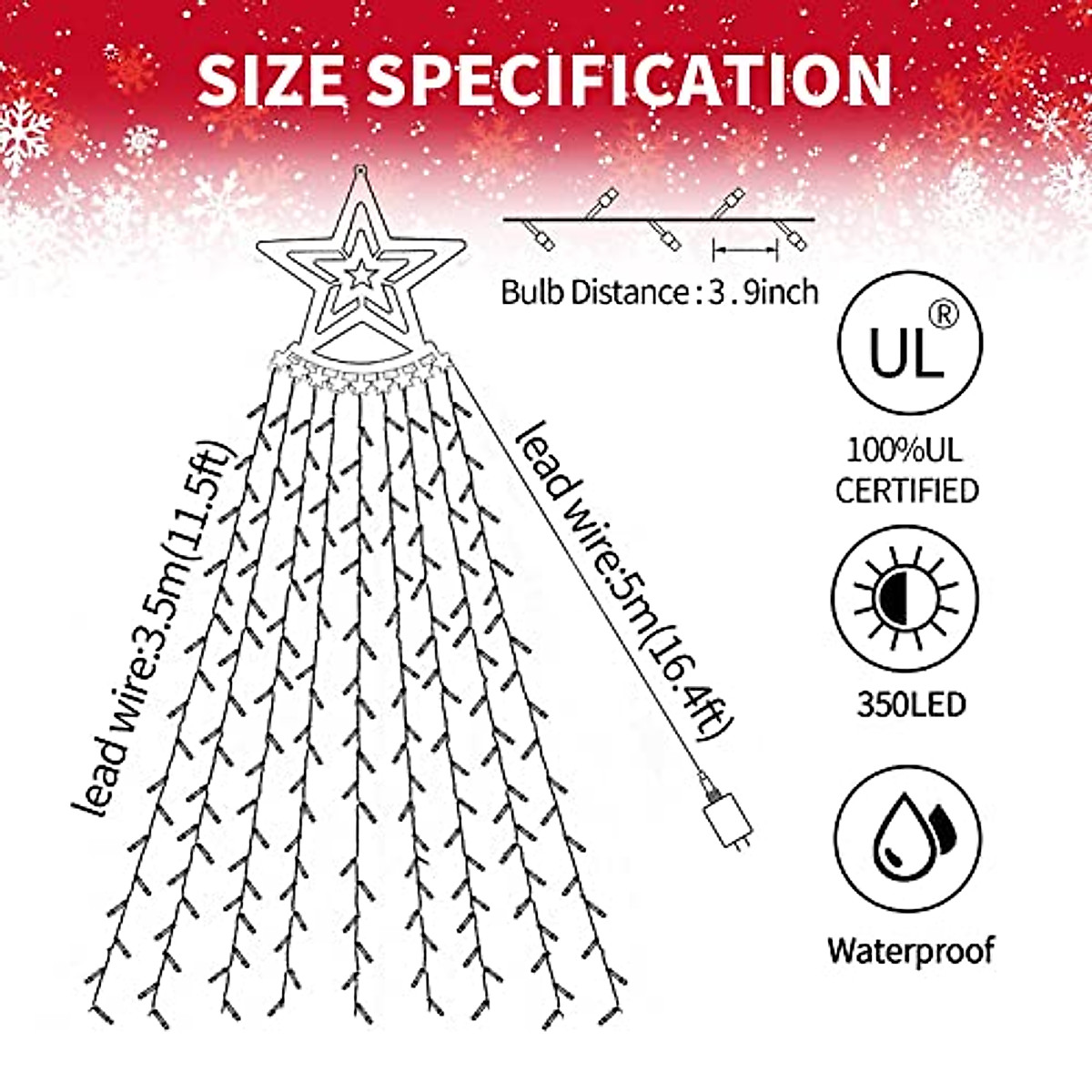 350 LED Christmas Decorations Star Light Outdoor Waterfall Lights Christmas Tree Lights Easy Installation Waterproof Christmas Lights for Yard Wedding Party Home Garden Indoor Outdoor (red Green)