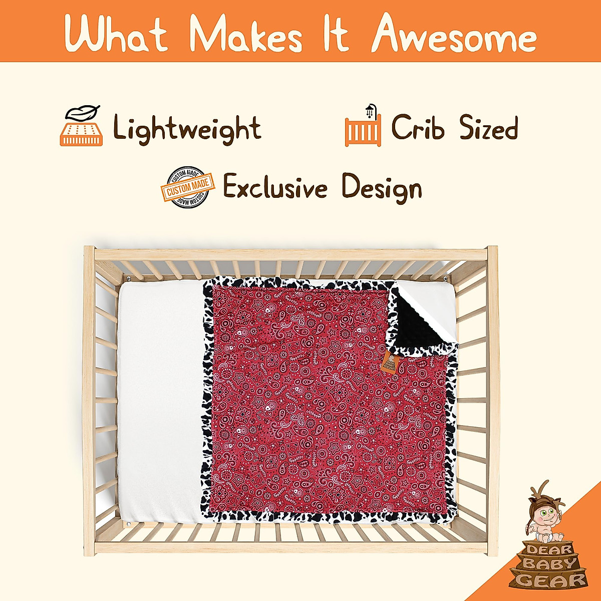 Dear Baby Gear Farm Deluxe Baby Blanket - Reversible, Milestone & Newborn Gifts for Girls and Boys - Red Handkerchief Blanket with Black Dot and Cow Print Ruffle - 33 x 33 Inches