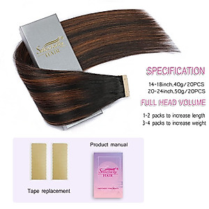 ShowJarlly Tape in Hair Extensions 20pcs 24 Inches Tape Ins Extensions Remy Human Hair Invisible Seamless Skin Weft for White Women Off Black Mixed Light Brown (1B/6/1B) 50g