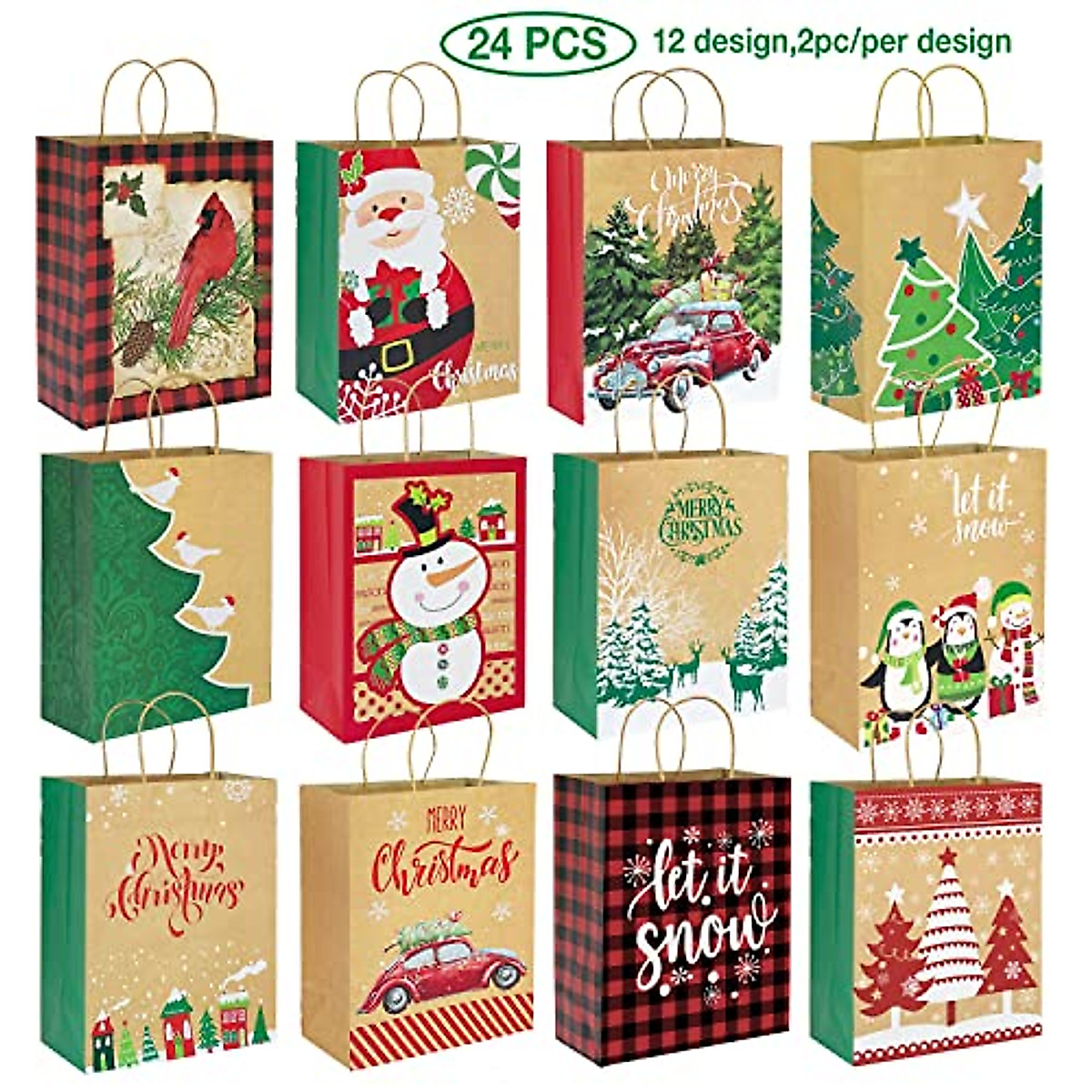 24 Large Kraft Christmas Gift Paper Bags Bulk with handles and 60 Count Christmas Gift Tags-12 Designs big size sacks set for Wrapping Xmas Holiday Presents