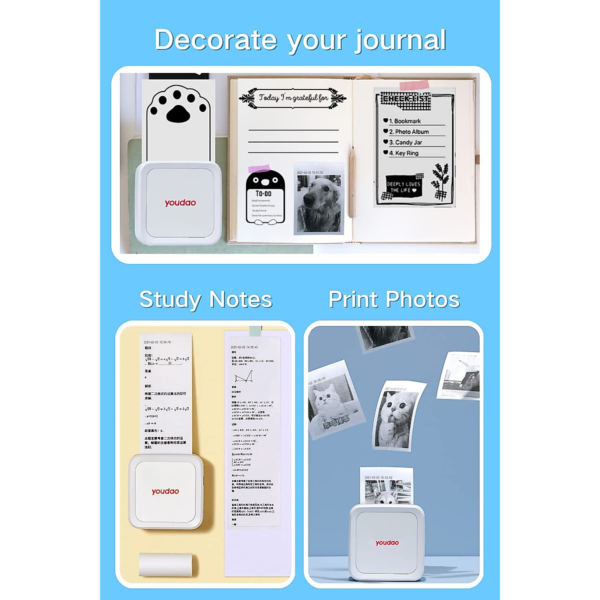 YOUDAO Pocket Printer | Portable Mini Bluetooth Thermal Printer | Photo Printer, Sticker Maker, Cute Notes Printer Compatible with iOS & Android | Journaling, Scrapbooking, Note Taking, Gifts, More