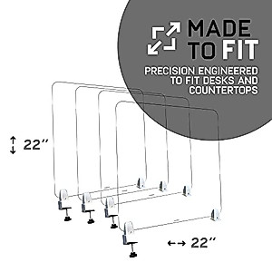 4 Pack - Desk Divider Office Partitions - Crystal Clear Acrylic Plexiglass. Adjustable Silver Clamps Included. Desk Divider for Schools or Offices. Clear Plexiglass Sneeze Guard, 22x22 inches.