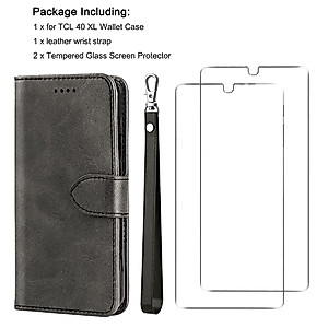 TTYSHTT for TCL 40 XL Case and Tempered Glass Screen Protector, PU Leather Flip Cover Wallet Phone Case Protector [Full Protection] [Card Slots] [Kickstand] for TCL 40 XL, Black
