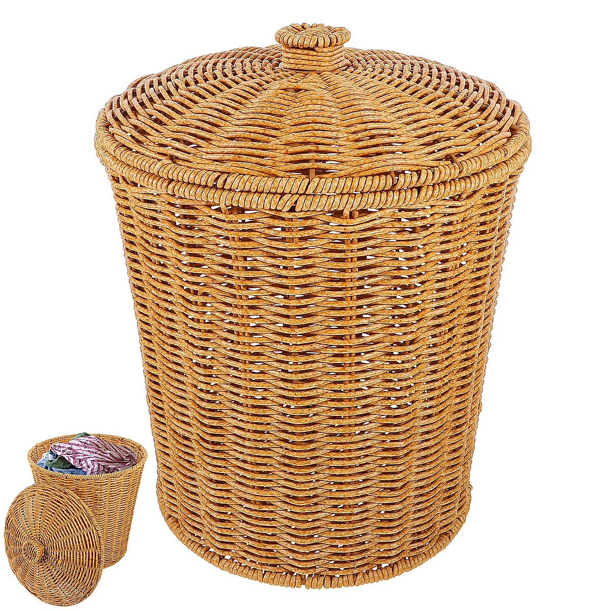 DEARMAMY Rattan Waste Basket Wicker Trash Can with Lid Round Trash Bin Woven Storage Basket Clothes Container Laundry Hamper for Bedroom Living Room Bathroom Chocolate