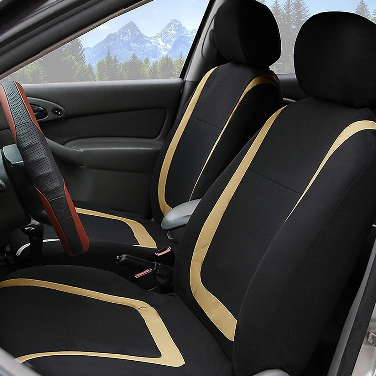 BELOMI Car Seat Covers Full Set, Breathable Premium Cloth Automotive Seat Cover, Universal Front and Rear Seat Covers, Easy to Install Car Accessories for Most Cars Trucks SUV (Beige)