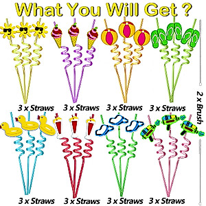 24 Pieces Beach Theme Reusable Shape Straws, Drink Straws Beach Ball Pool Summer Birthday Party Favor Decorations with 2 Cleaning Brushes 8 Color Straws