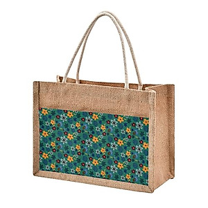 Jute Tote Burlap Bag Floral Flowers Ditsy Elegant Abstract Green Yellow Gift Bag Women DIY Work Grocery Storage Bag