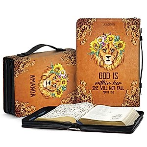 Jesuspirit Personalized Zippered Bible Cover with Handle Large Size - Lion & Sunflower Customized Leather Bible Case - God is Within Her, She Will Not Fall - Psalm 46:5 - Ideal Gift for Church Ladies