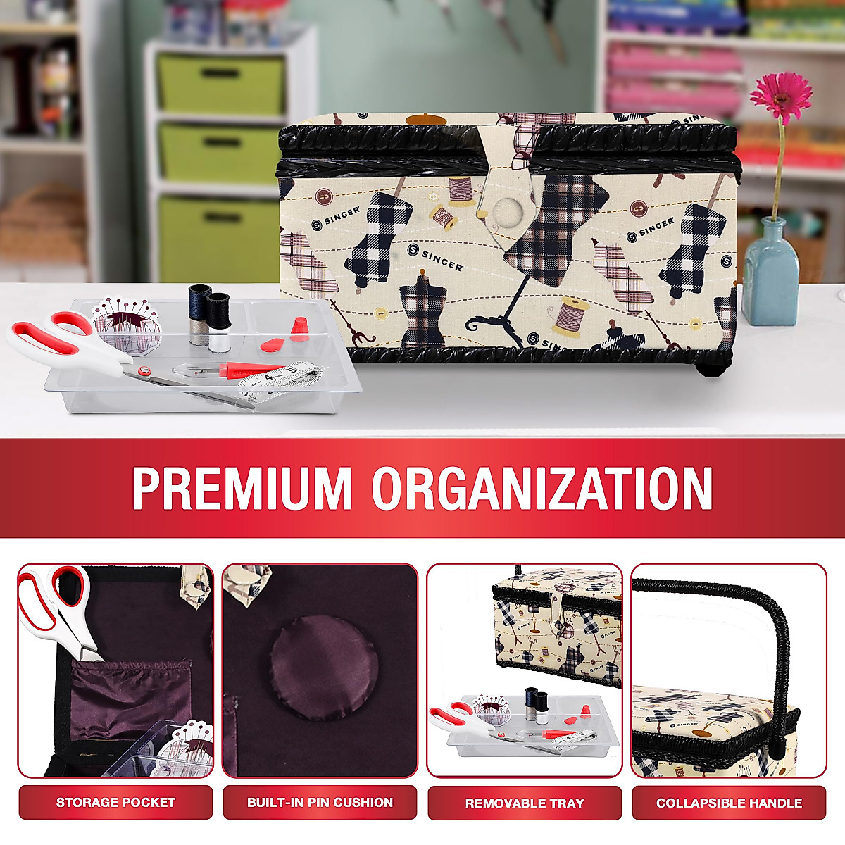 SINGER Sewing Basket with Sewing Kit, Needles, Thread, Scissors, and Notions (Plaid Forms Print)