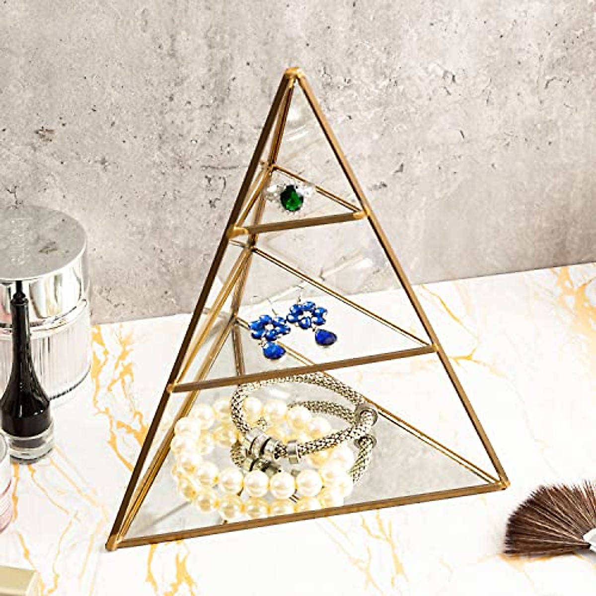 MyGift Glass Pyramid Small Jewelry Organizer Box with Brass Metal Frame, 3 Tier Crystal Display Case