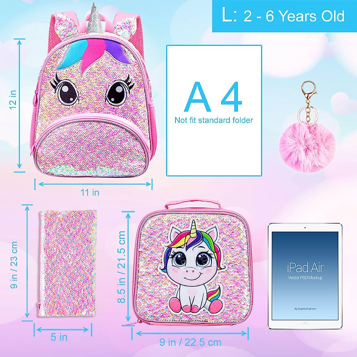 Unicorn Backpack for Girls, Toddler Sequin Preschool Bookbag, 12.5" Cute Cartoon Animal Schoolbag