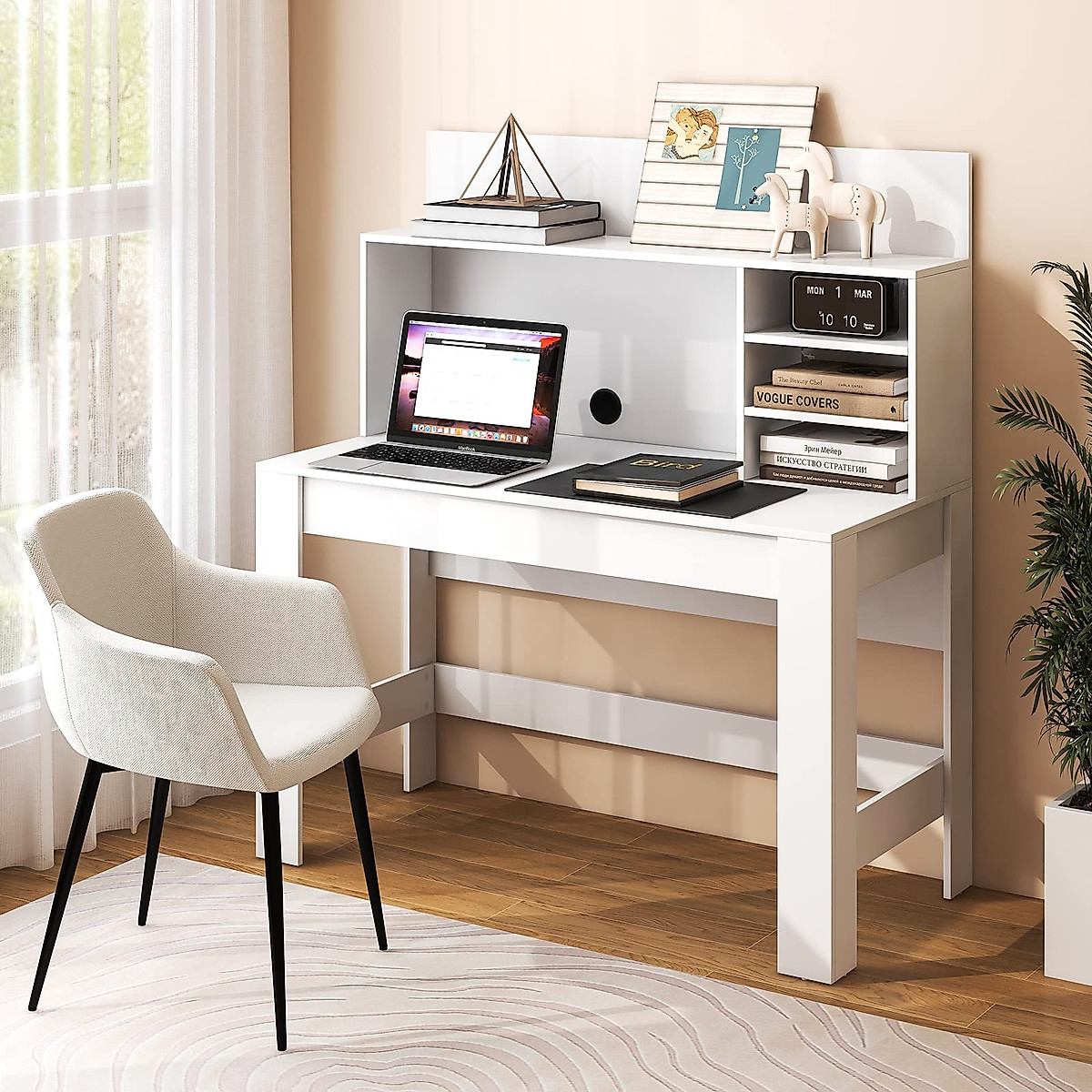 Giantex White Computer Desk with Bookshelf, 48" Home Office Writing Desk with Anti-Tipping Kits & Cable Management Hole, Modern Study Table Workstation for Small Space Bedroom