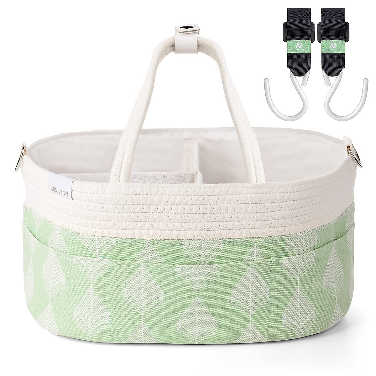 Homlynn Baby Diaper Caddy Organizer Diaper Storage Basket Large Tote Bag & Car Organizer, Nursery Storage Bin for Baby Accessory, 100% Cotton Rope, Machine-washable(Green, with Stroller Hooks)