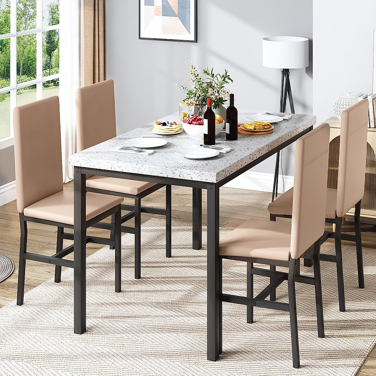 Hooseng Dining Table Set for 4, Space Saving Kitchen Table and Chairs Set of 4, 5 Pieces Faux Marble Dinette Dining Room Furniture Set with 4 Leather Chairs for Small Space, Khaki