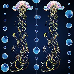 Nezyo 4 Pieces Glitter Iridescent Jellyfish Hanging for Under The Sea Party Decorations Jellyfish Decor Bubble Garlands Transparent Blue for Ocean Mermaid Party Birthday Wedding Baby Shower Decor