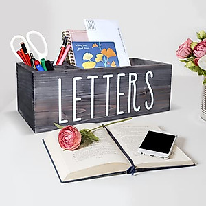 Wooden Mail Organizer with Pen Holder - 3 Compartment Office Desk Organizer Box, Mail Holder for Countertop, Desktop Letter Holder Box, Rustic Home Office Decor Mail Storage Basket, 13 in Grey