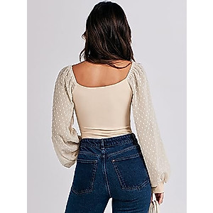 ANRABESS Rompers for Women Sheer Swiss Dot Puff Sleeve Square Neck Bodysuit Fall Casual Long Sleeve Dressy Leotard Top 1071xingse-L