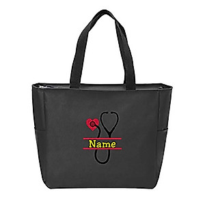 Personalized Monogram Tote Bag Nurse Doctor Appreciation Heart Stethoscope Initials Gift RN LPN CAN (Design #3/Black)