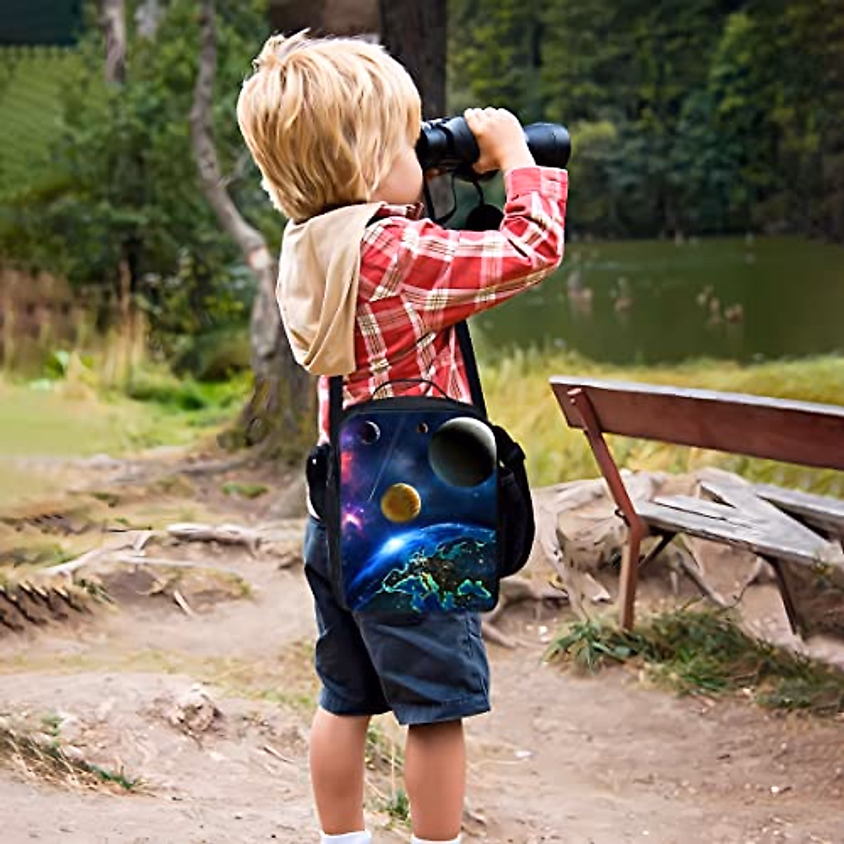 Kids Lunch Box, Insulated Lunch Bag for Girls & Boys, Space Galaxy Planet Lunch Bag with Shoulder Strap, School Bento Lunchbox for Kids Toddlers Teens, Black Reusable Cooler Thermal Meal Tote Kit