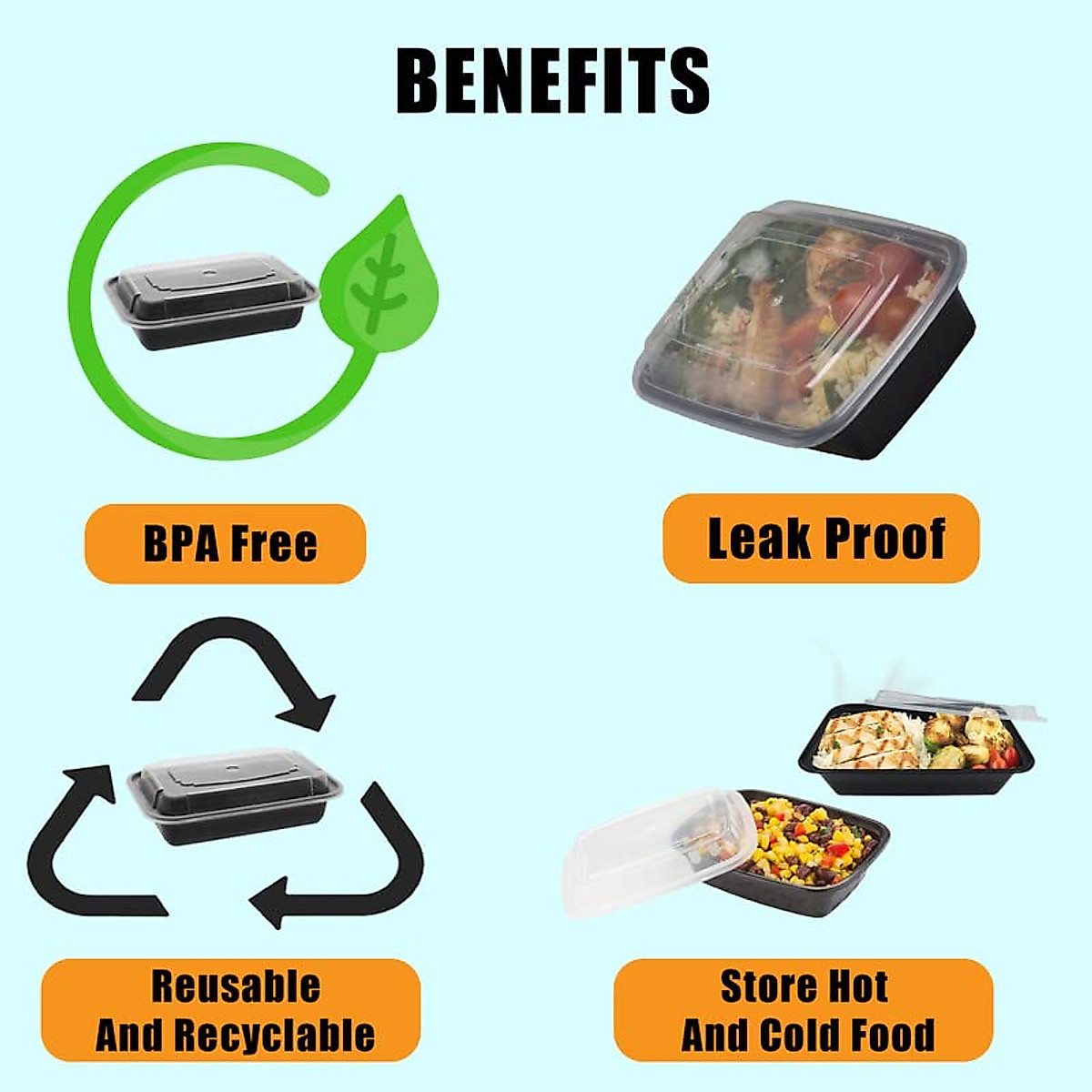 16 oz Meal Prep Rectangular Black Containers with Clear Lids - 50 Sets, Disposable Food Containers, To Go Food Container, Take Out Food Containers