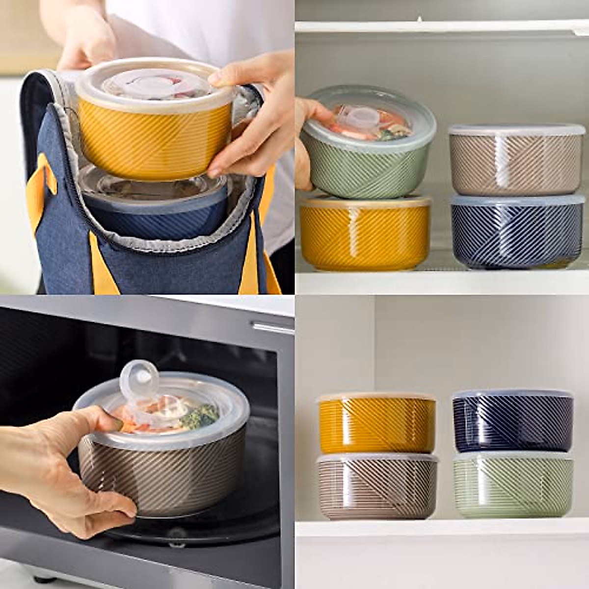 Adewnest Ceramic Bowl with Lid: 5 Inch Porcelain Bowls Set with Lids for Lunch, Picnic - Food Storage Containers - Prep Bowls for Kitchen - Microwave Oven Safe Serving Bowls Set of 4, 20 oz (Warm)