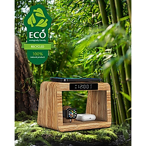 Bamboo Wireless Charging Station,Wireless Charger with Digital Alarm Clock and Night Light, Fast Charger Stand for iPhone 15/14/13/12/11 Pro Max/X/Xs, AirPods Pro, iWatch Series 8/7/6/5/SE