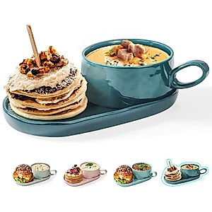 Artena Asian Soup Bowls with Spoons Set of 4 & Teal Blue Solid Soup and Sandwich Plate combo