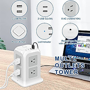ODOM Tower Power Strip Surge Protector Flat Plug with 8 Outlets 4 USB Ports (2 USB C), 6 Feet Extension Cord with Multiple Outlets, Multi Charging Station, Home Office Supplies, Dorm Room Essentials